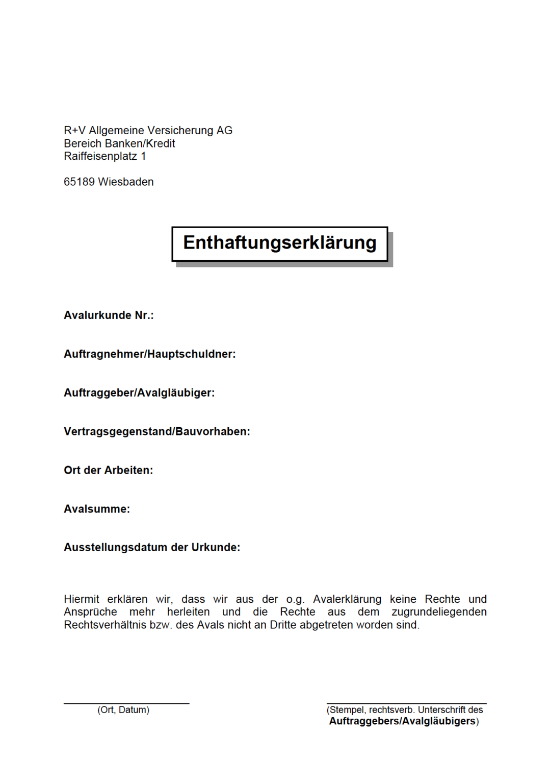 R+V Kautionsversicherung Enthaftungserklärung